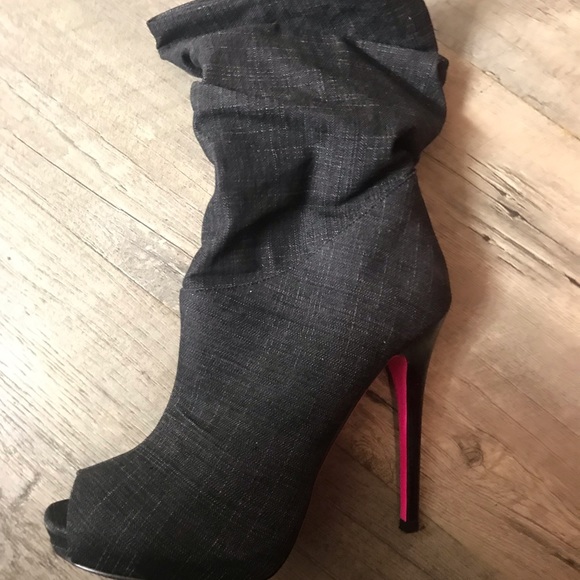 AKIRA | Shoes | Fashionable Peep Toe Denim Slouch Boot | Poshmark